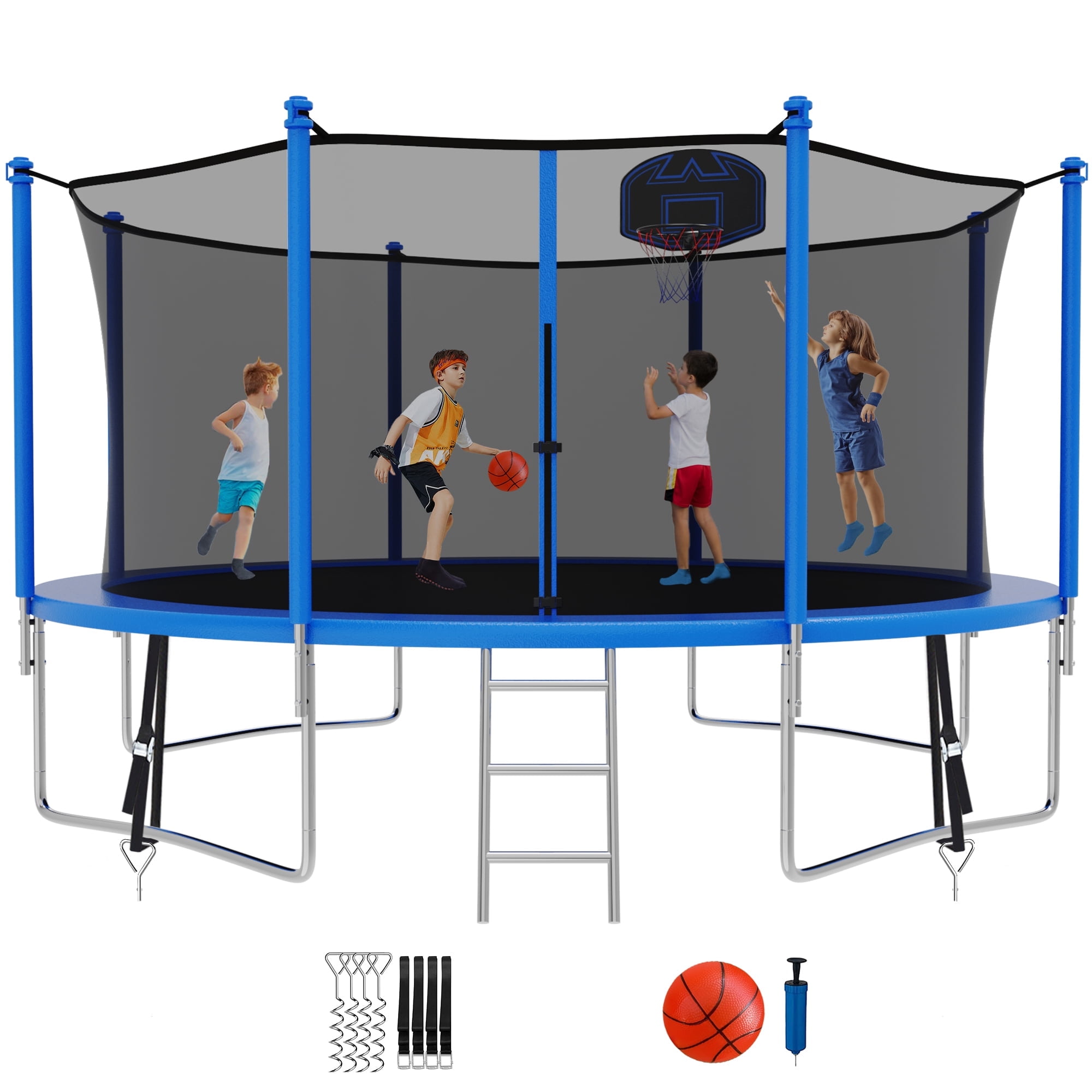 12FT Trampoline, Recreational Trampoline with Basketball Hoop, 4 Anchor ...