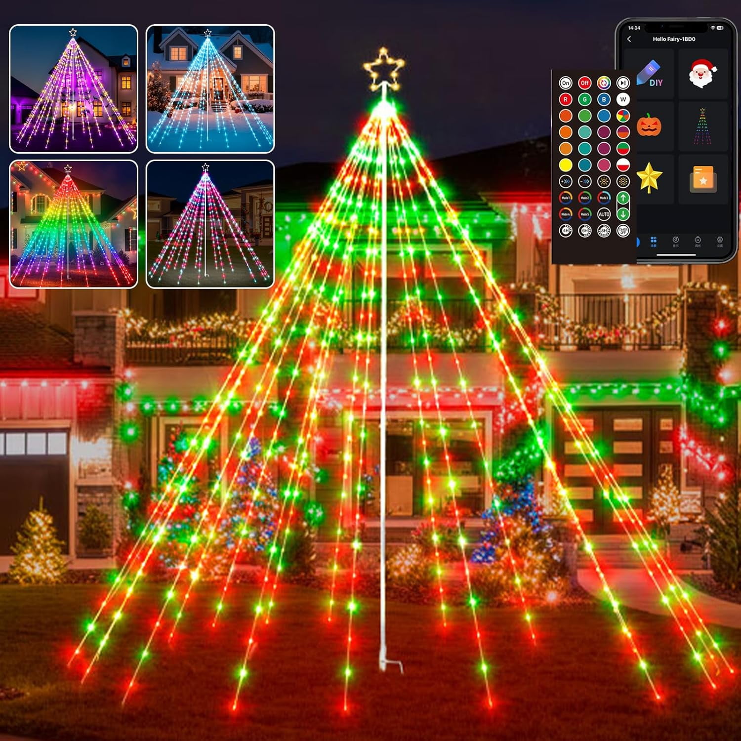 12Ft 478LEDs Outdoor Christmas Tree Waterfall Lights with Pole ...