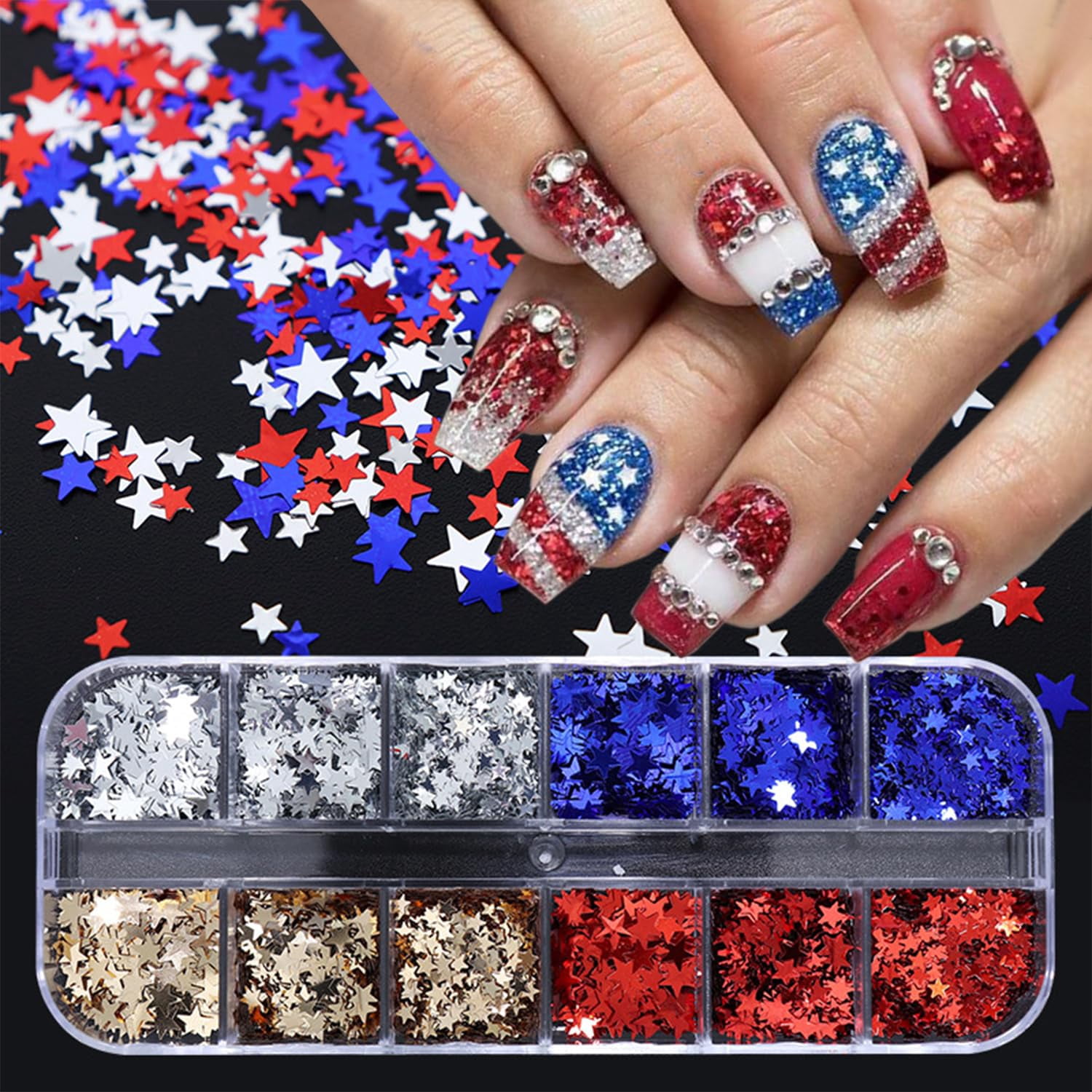 12Grids Holographic Star DHF10 Glitter Sequins Independence Day Sequins ...
