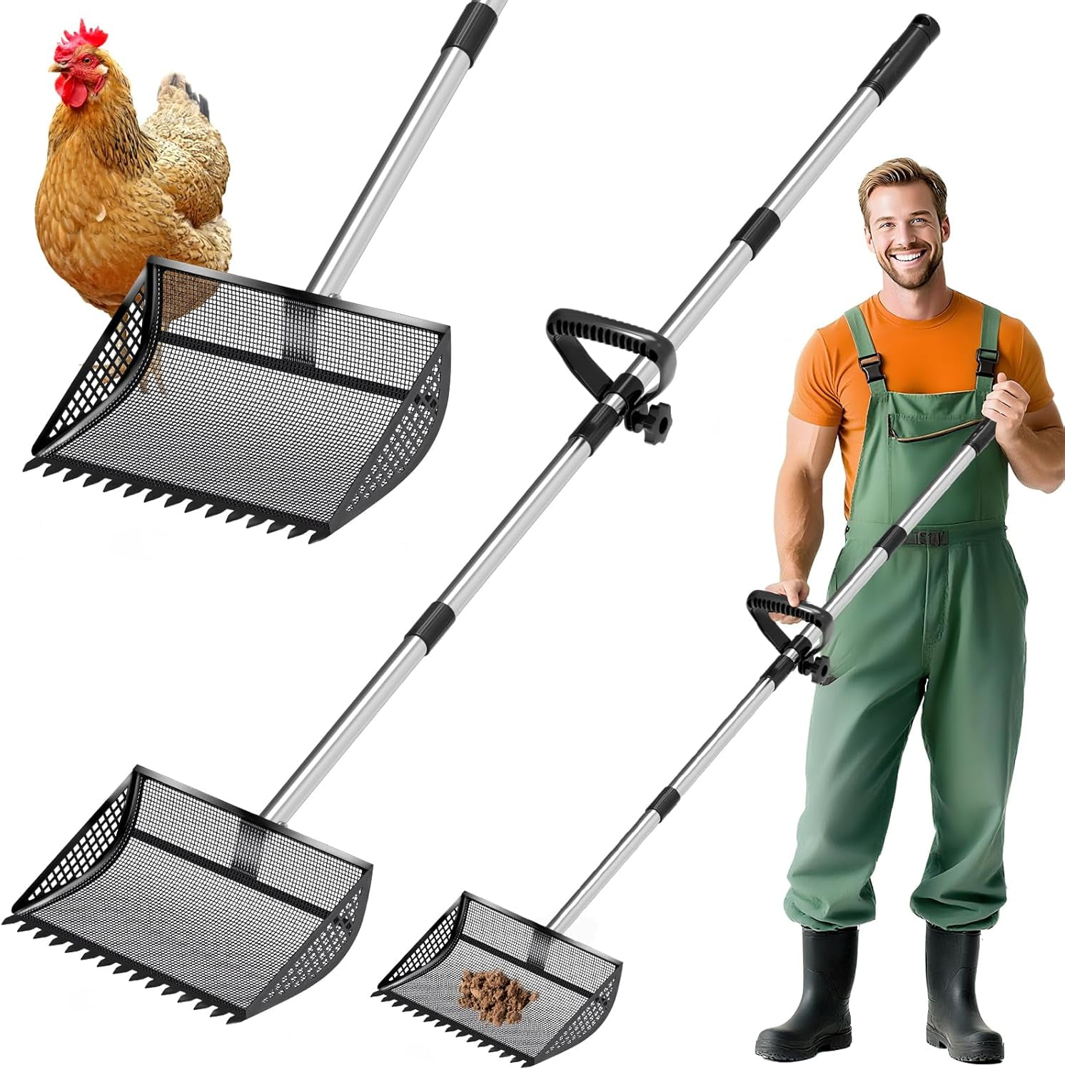 12Inch Chicken Poop Scooper & Rake 2-in-1, Large Metal Shovel Head ...