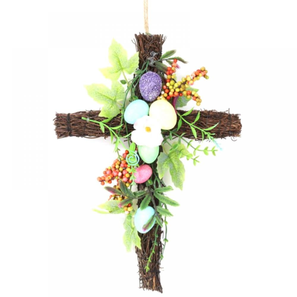 12Inch Outdoor Easter Wreath with Colorful Eggs and Cross, Artificial ...