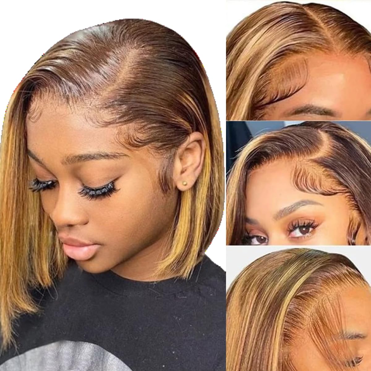 12Inch Highlight Brown Bob Wig Human Hair 13x4 HD Lace Front Wigs Human ...