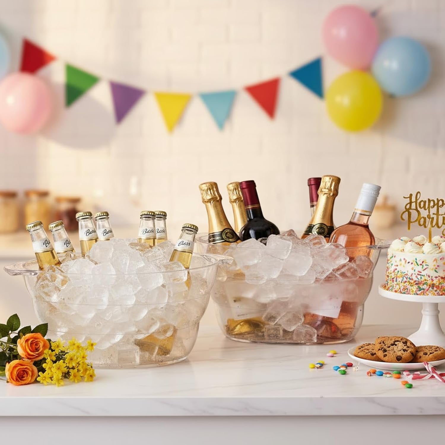 12L Ice Buckets for Parties 2 Pack, Clear Beverage Tub with Handles ...