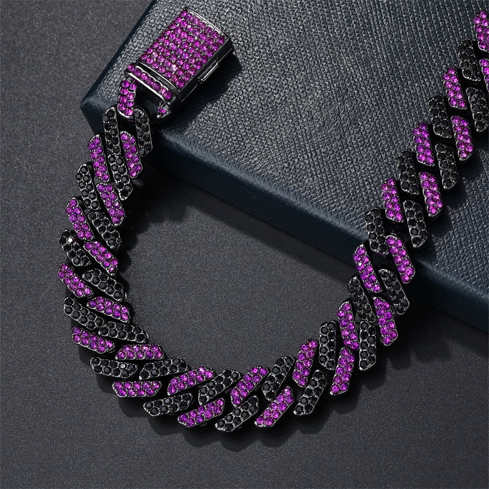 12MM Rhombus Prong Cuban Link Chain 2Row Purple Iced Out Rhinestones ...
