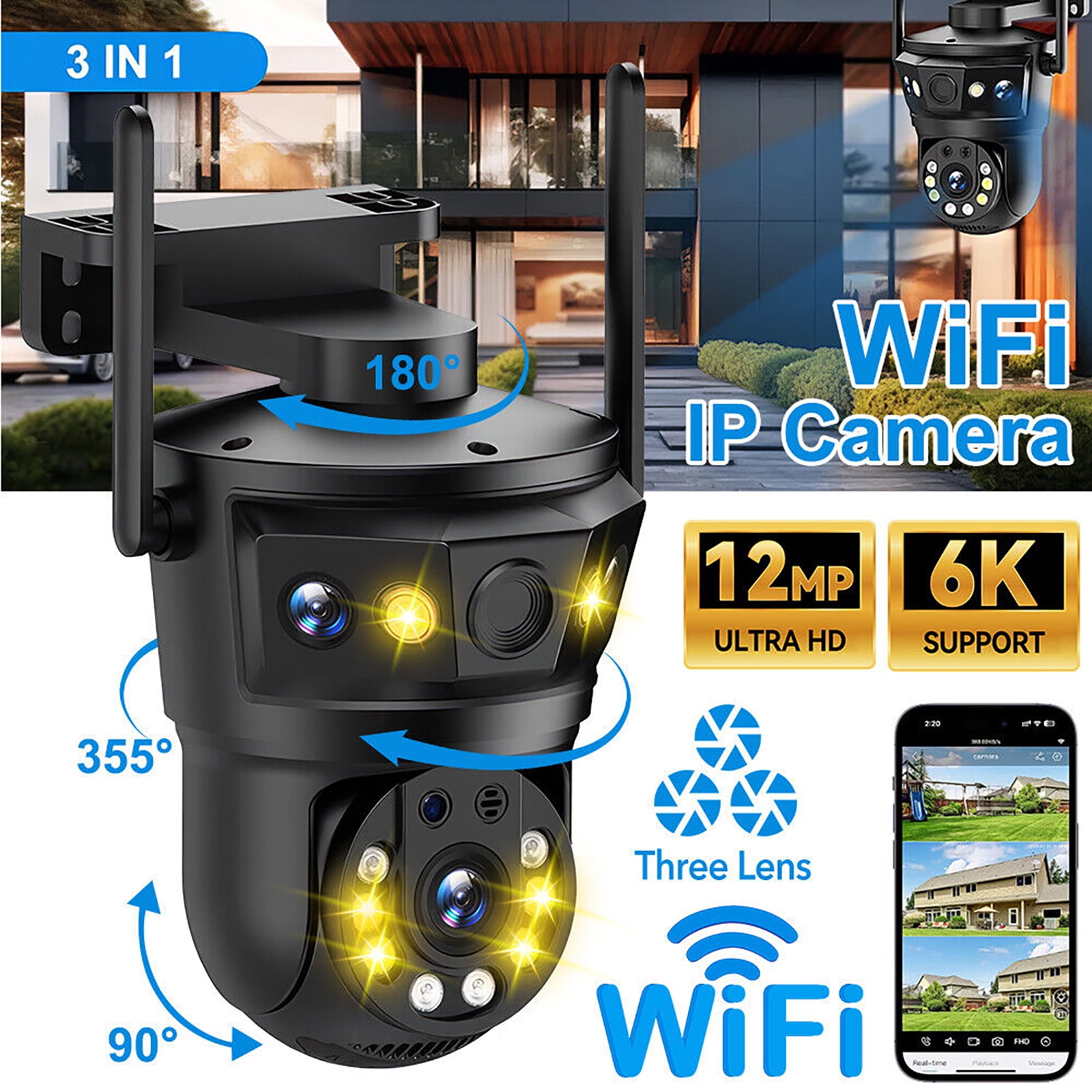 12MP 6K Triple-Lens Security Camera - 3-Way PTZ View, Auto Human ...