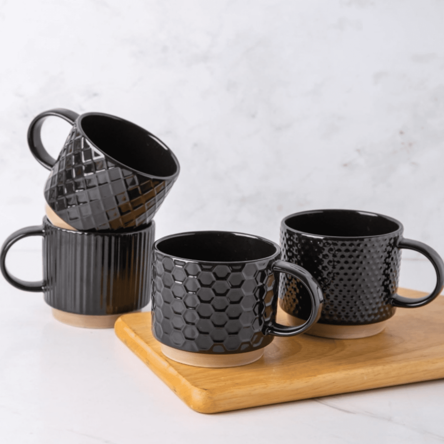 12OZ Stackable Coffee Mugs, Ceramic Coffee Mugs with Texture Patterns ...