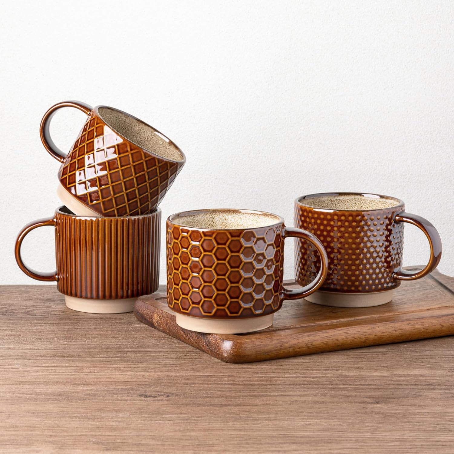12OZ Stackable Coffee Mugs, Ceramic Coffee Mugs with Texture Patterns ...