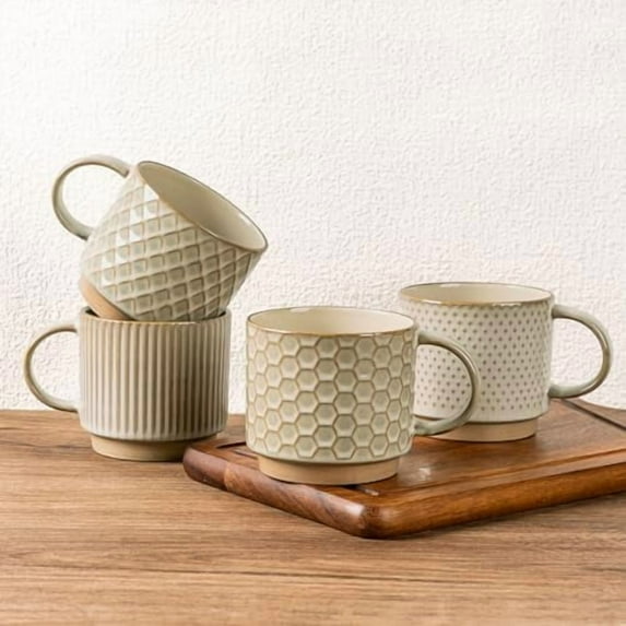 12OZ Stackable Coffee Mugs, Ceramic Coffee Mugs with Texture Patterns ...