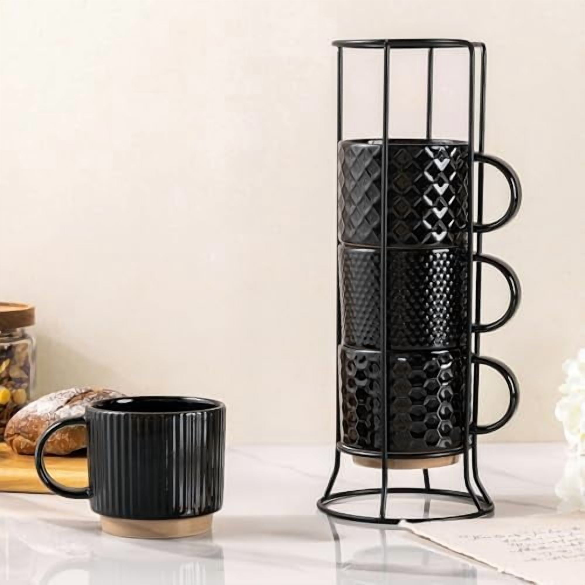 12OZ Stackable Coffee Mugs with Stand, Ceramic Coffee Mugs with Texture ...