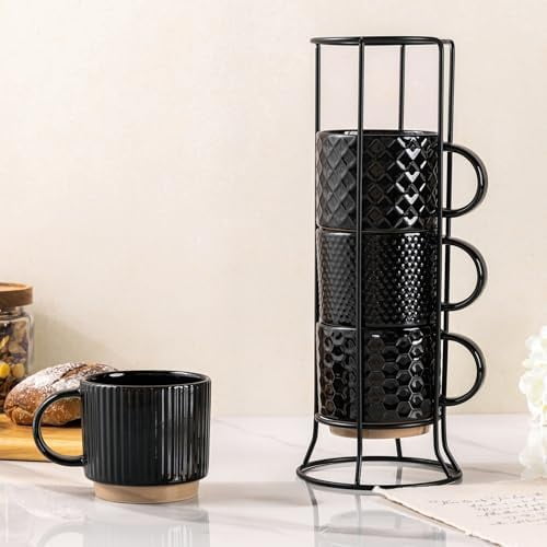 12OZ Stackable Coffee Mugs with Stand, Ceramic Coffee Mugs with Texture ...