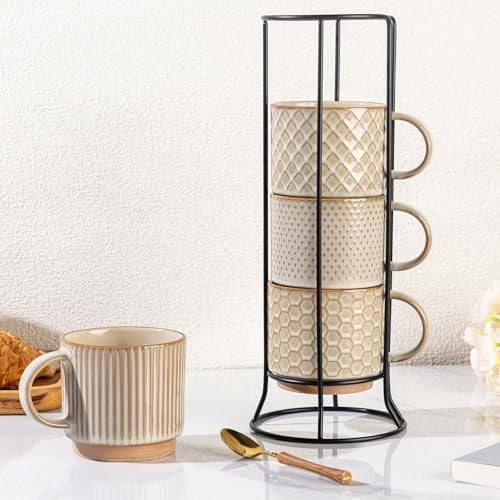 12OZ Stackable Coffee Mugs with Stand, Ceramic Coffee Mugs with Texture ...