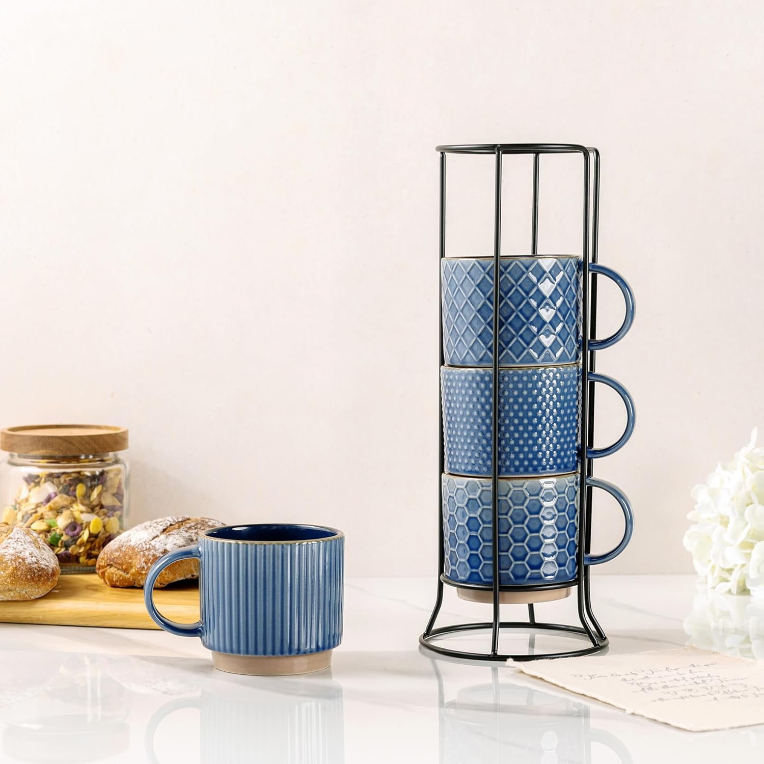 12OZ Stackable Coffee Mugs with Stand, Ceramic Coffee Mugs with Texture ...