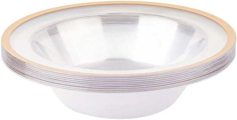 12Oz Disposable Round Clear Plastic Soup, Salad Bowls With Gold Rim ...