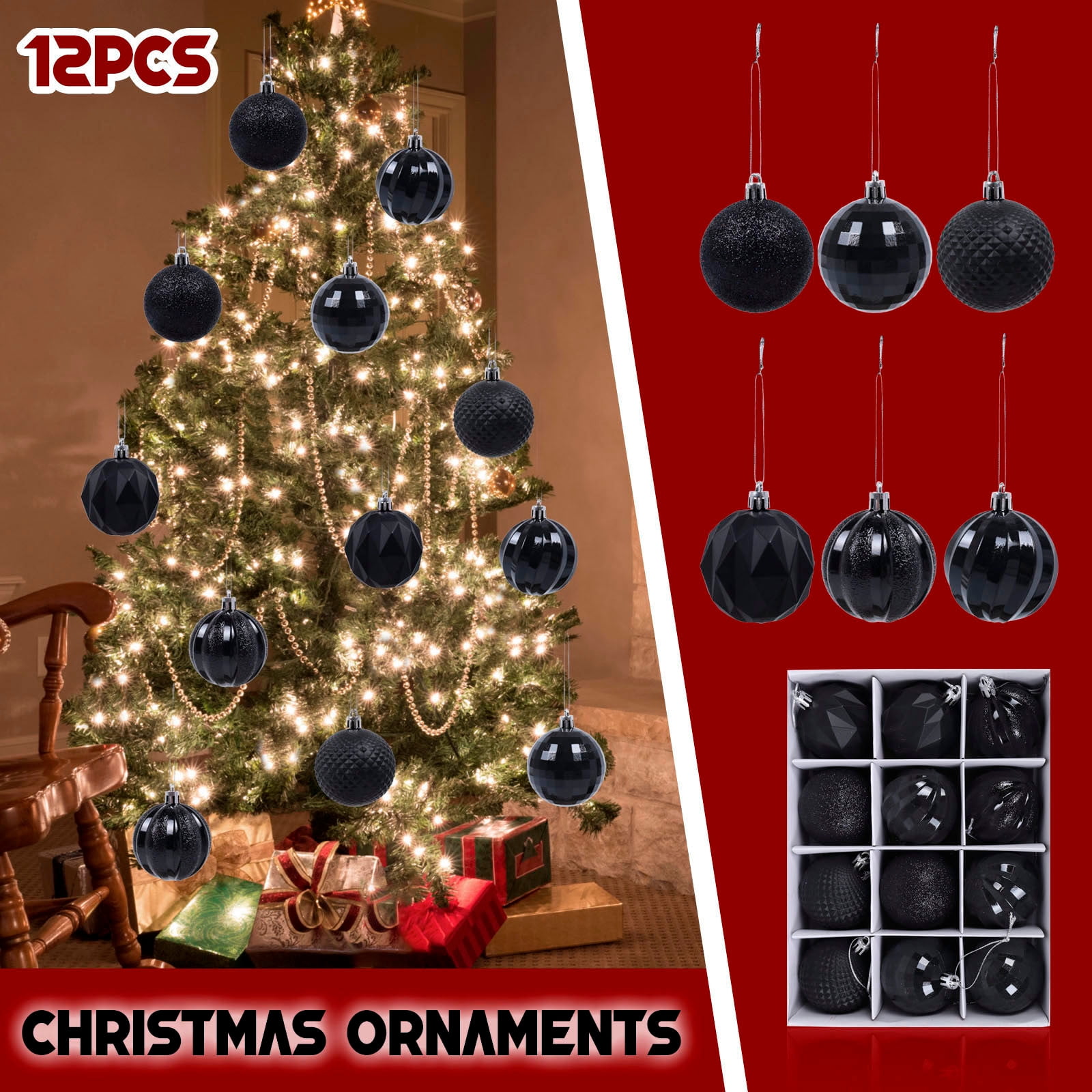 12PC Black Christmas Baubles - Unbreakable Plastic Shatproof Holiday ...
