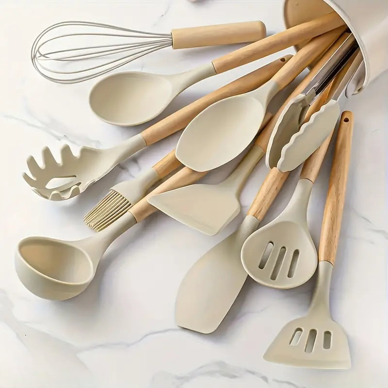12PC Multi-Function Kitchen Utensil Set - Silicone Heads, Wooden Grips ...