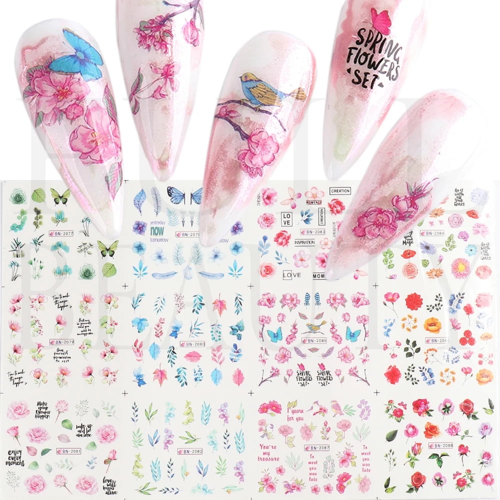 12PC Watercolor Flower Leaf Nail Water Decal Sticker Spring Floral ...