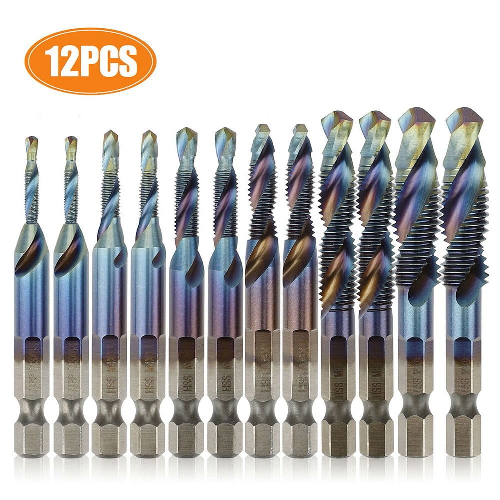 12PCS 1/4" Taps Drill Bit Set HSS Hex Shank Titanium Plated Screw ...