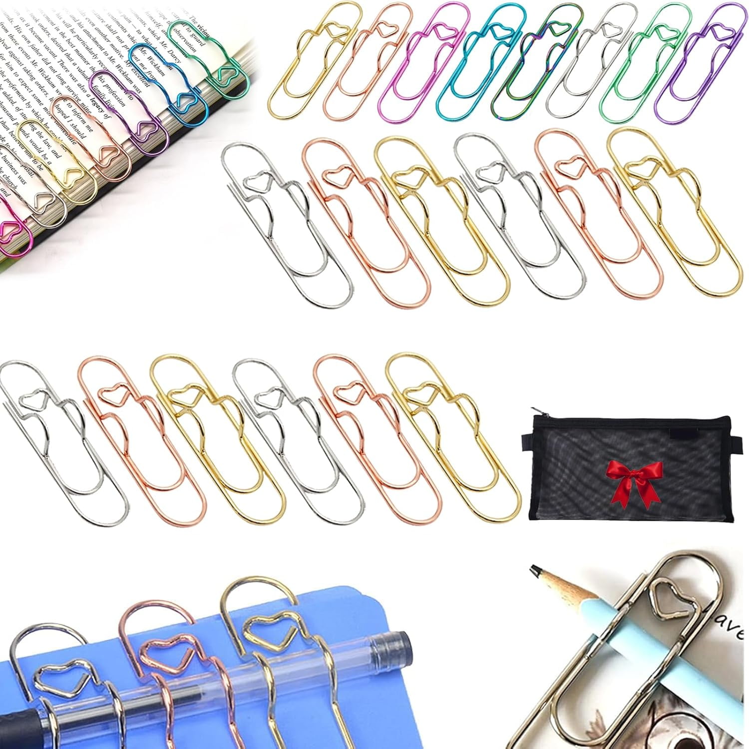 12PCS 3 Colors Heart Pen Clip Metal Pencil Clips Multifunctional Rose ...