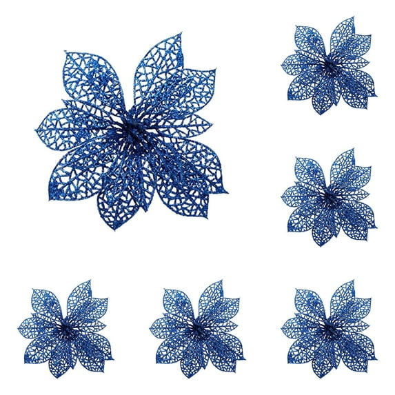 12PCS 5.7” Blue Artificial Poinsettias Christmas Glitter Flowers with ...