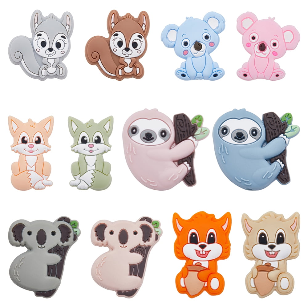 12PCS 6 Styles Animal Silicone Beads Focal Beads Bulk 3D Cute Animals ...