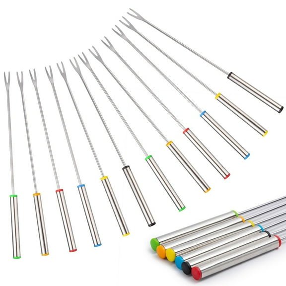 Set of 12 Stainless Steel Fondue Forks 9.5", Color Coded Cheese Smores ...