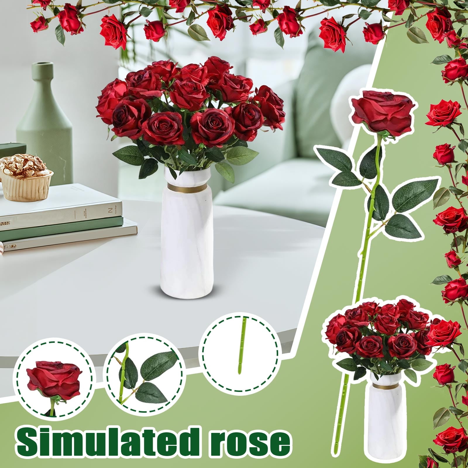 12PCS Artificial Rose Bouquet, Lifelike Red Simulated Roses with ...