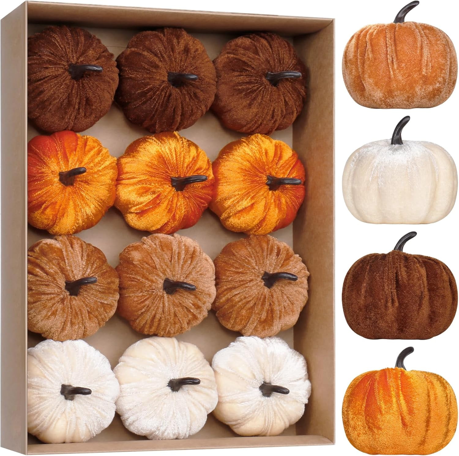 12PCS Artificial Velvet Pumpkins Decor, 4 Colors Foam Faux Flocked ...