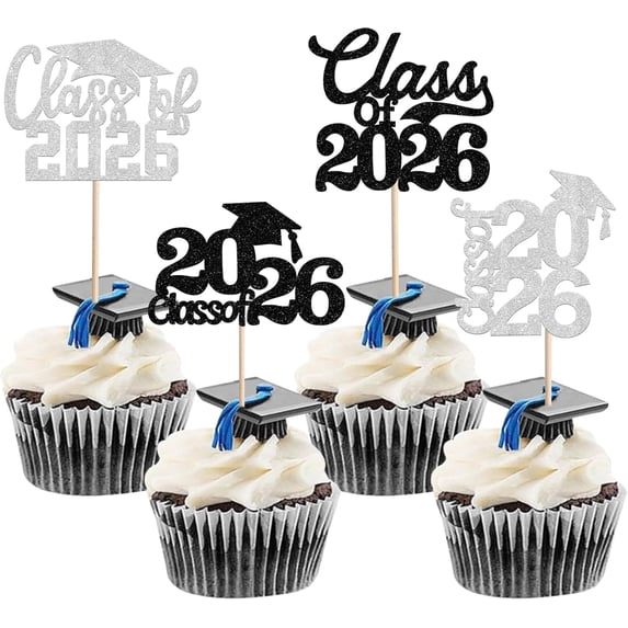 12PCS Black & Silver Glitter "Class of 2026" Cupcake Toppers ...