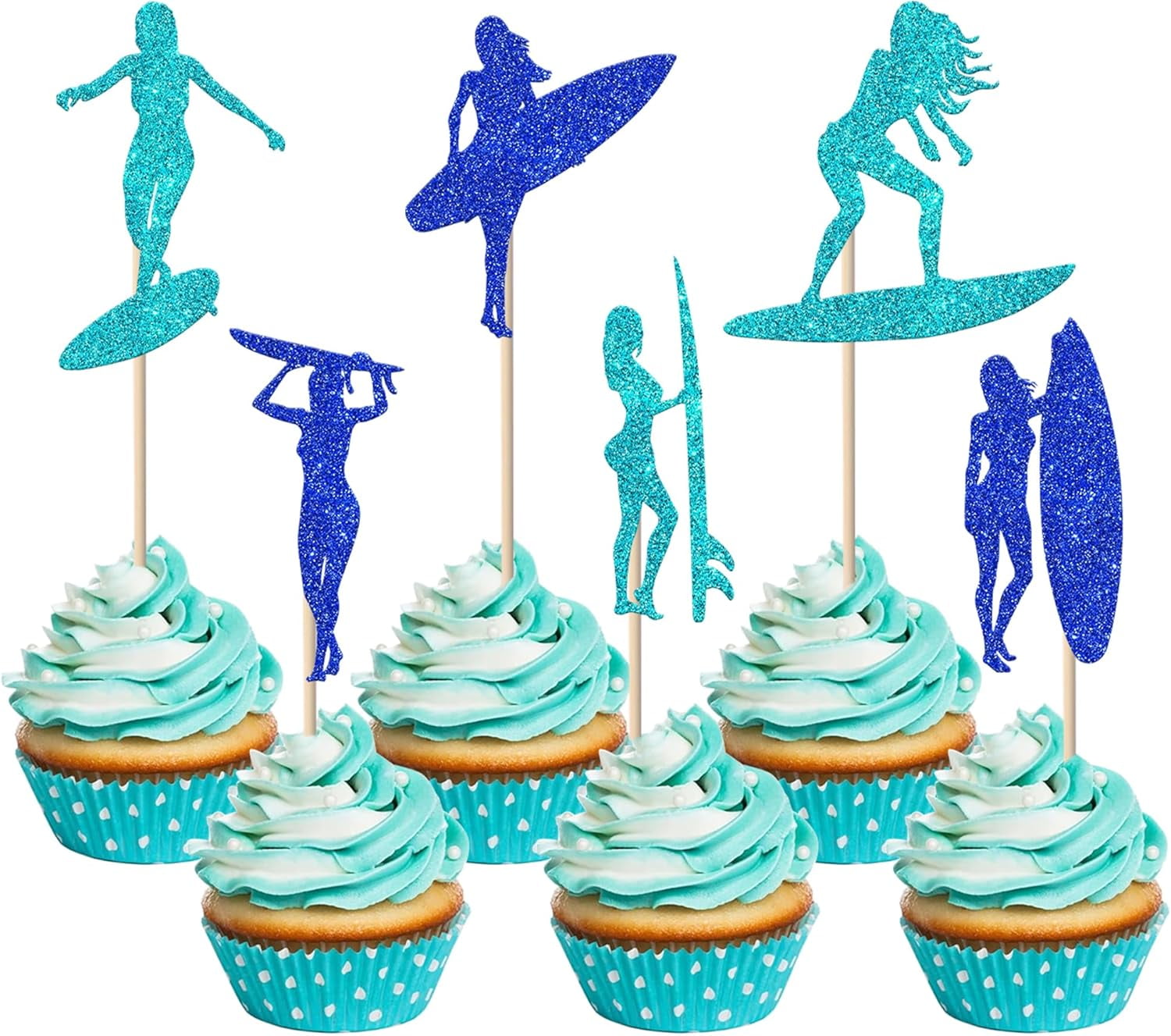 12PCS Blue Glitter Female Surfer Cupcake Toppers, Beach & Surf Party ...