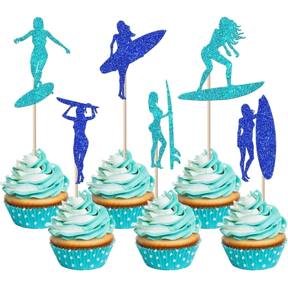 12PCS Blue Glitter Female Surfer Cupcake Toppers, Beach & Surf Party ...