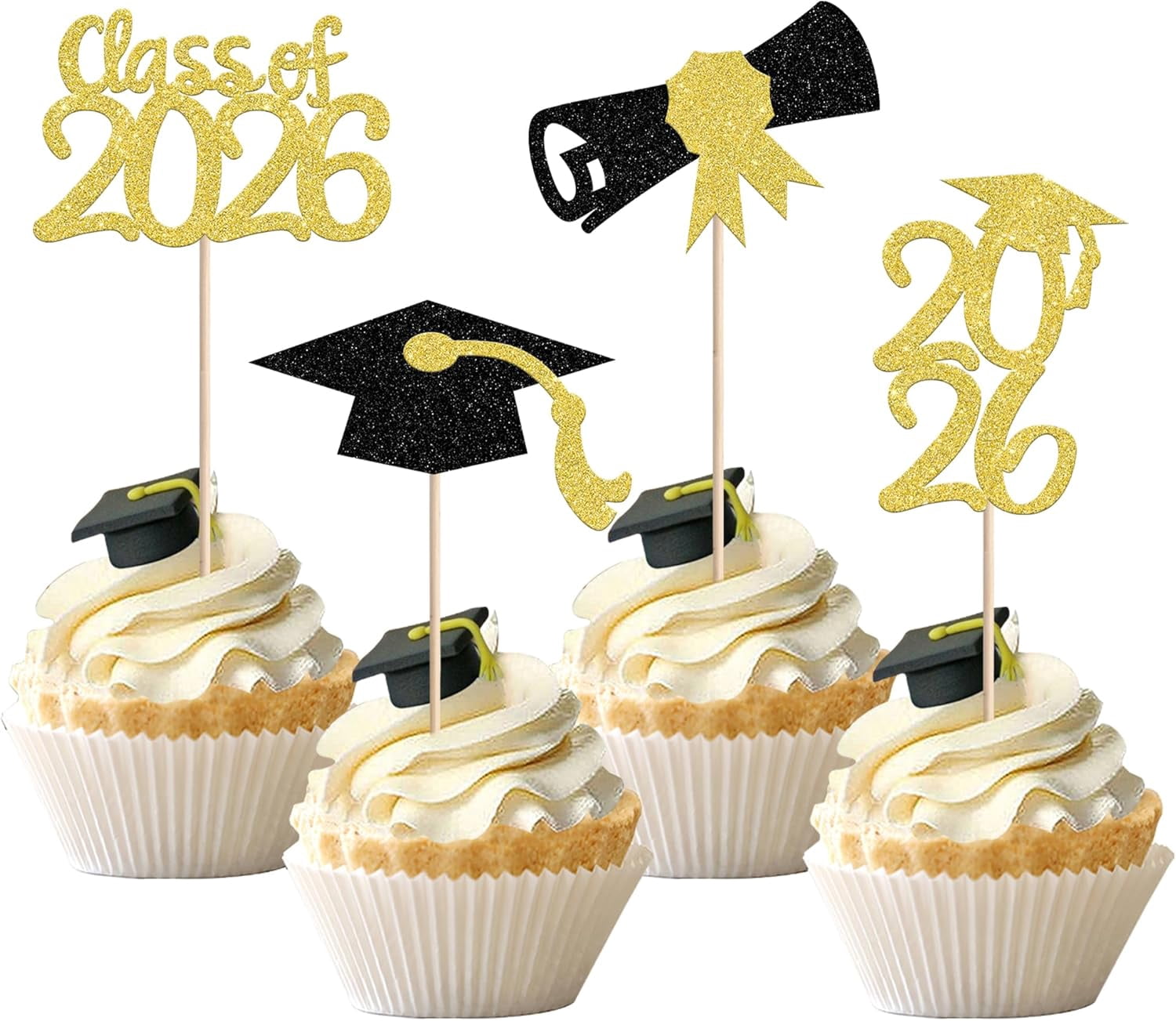 12PCS Class of 2026 Graduation Cupcake Toppers, Gold & Black Glitter ...