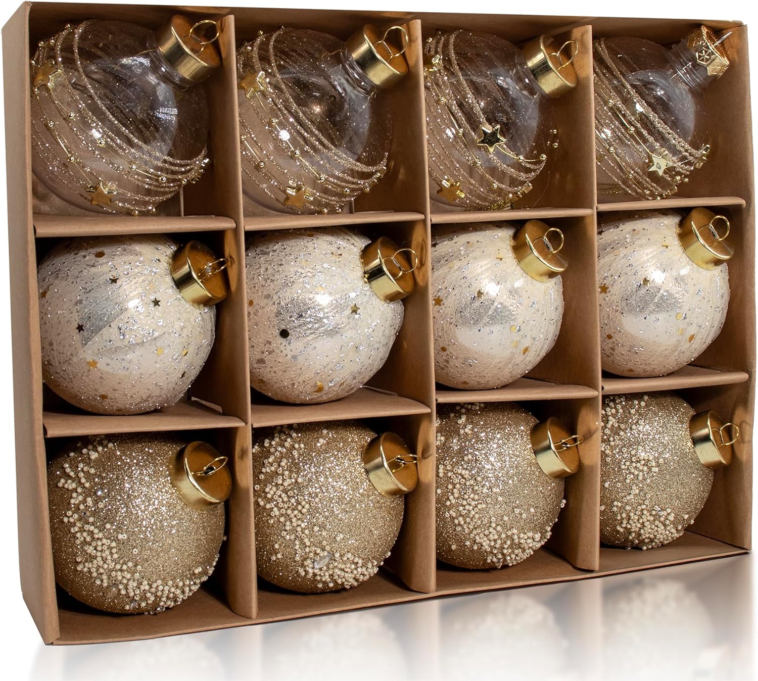 12PCS Clear Glitter Christmas Ball Ornaments, 3.15" Champagne Gold ...
