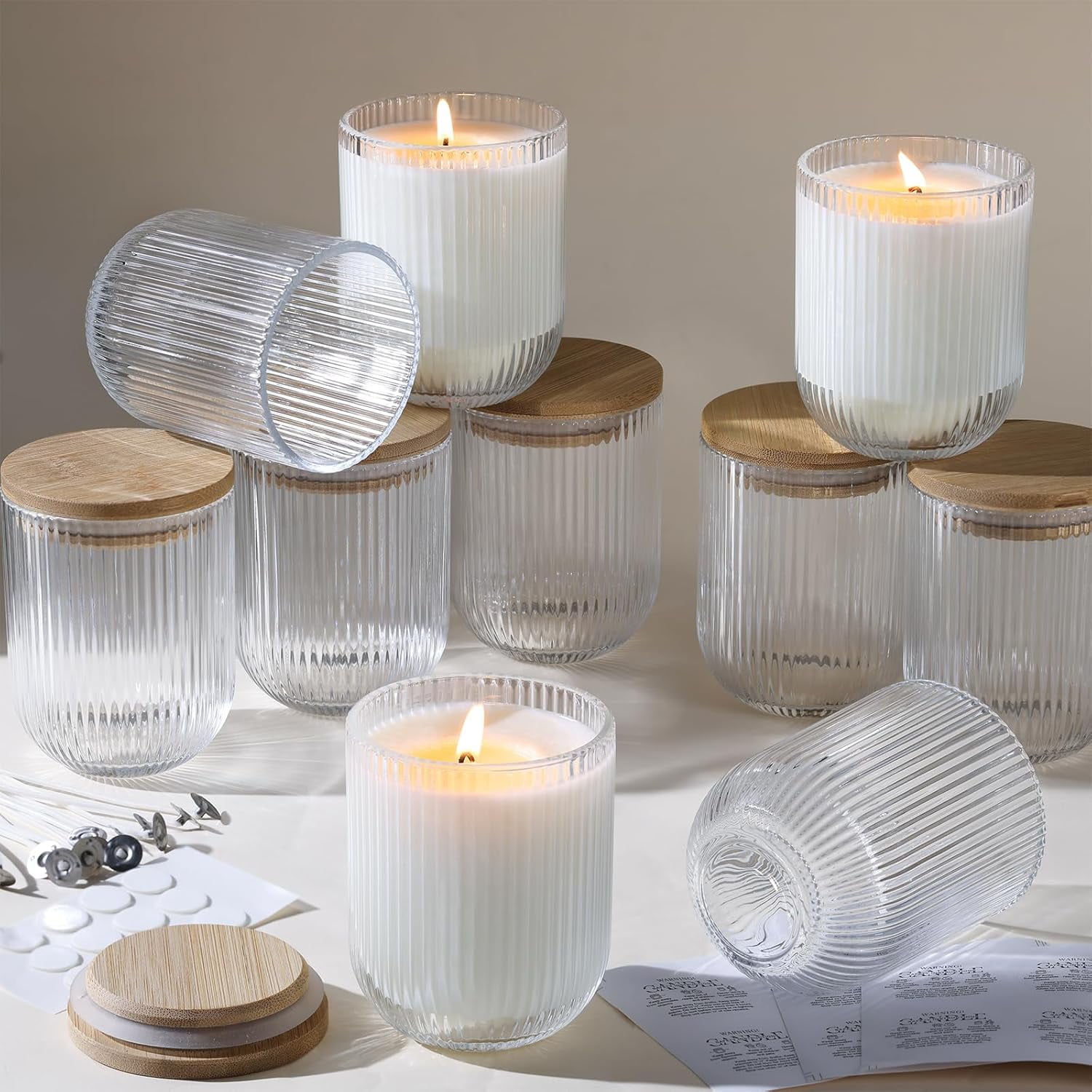12PCS Clear Ribbed Candle Jars for Making Candles, 8.5 OZ Empty Glass ...