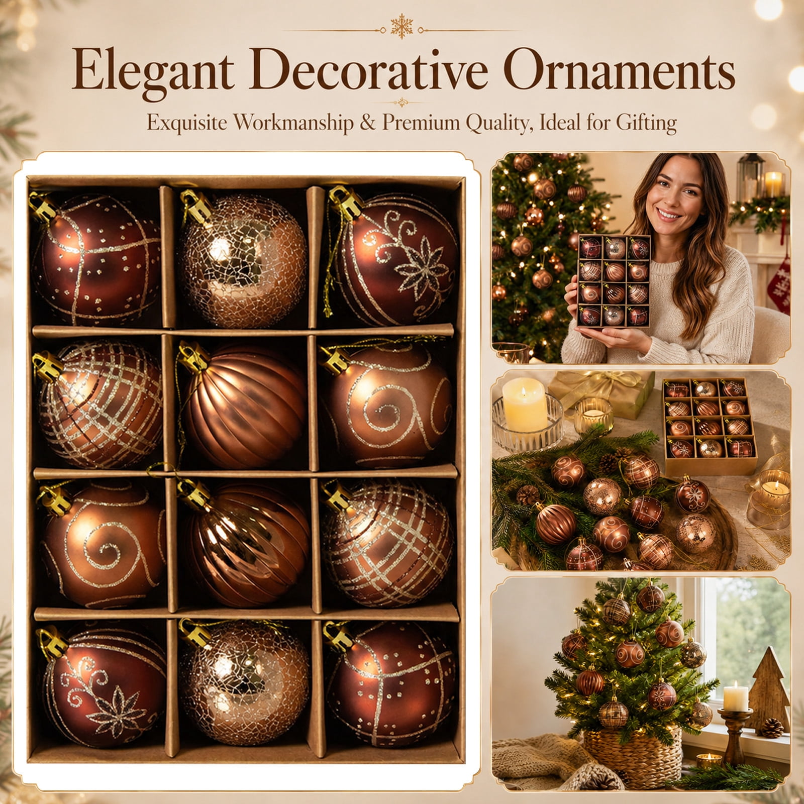 12PCS Coffee Brown Glitter Christmas Bauble Set, Assorted Textured ...