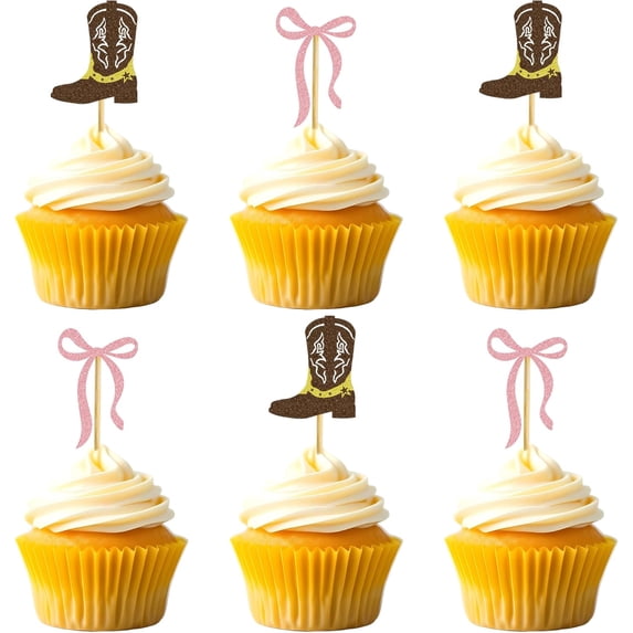 12PCS Cowboy Boot Cupcake Toppers, Glitter Brown Boot and Pink Bow ...