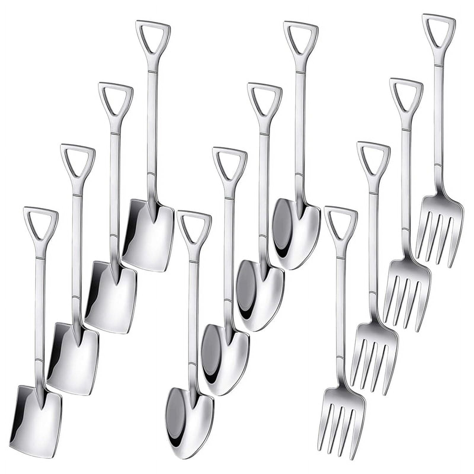 12PCS Dessert Spoons and Forks Set, Shovel Shape Ice Cream Spoons, Mini ...