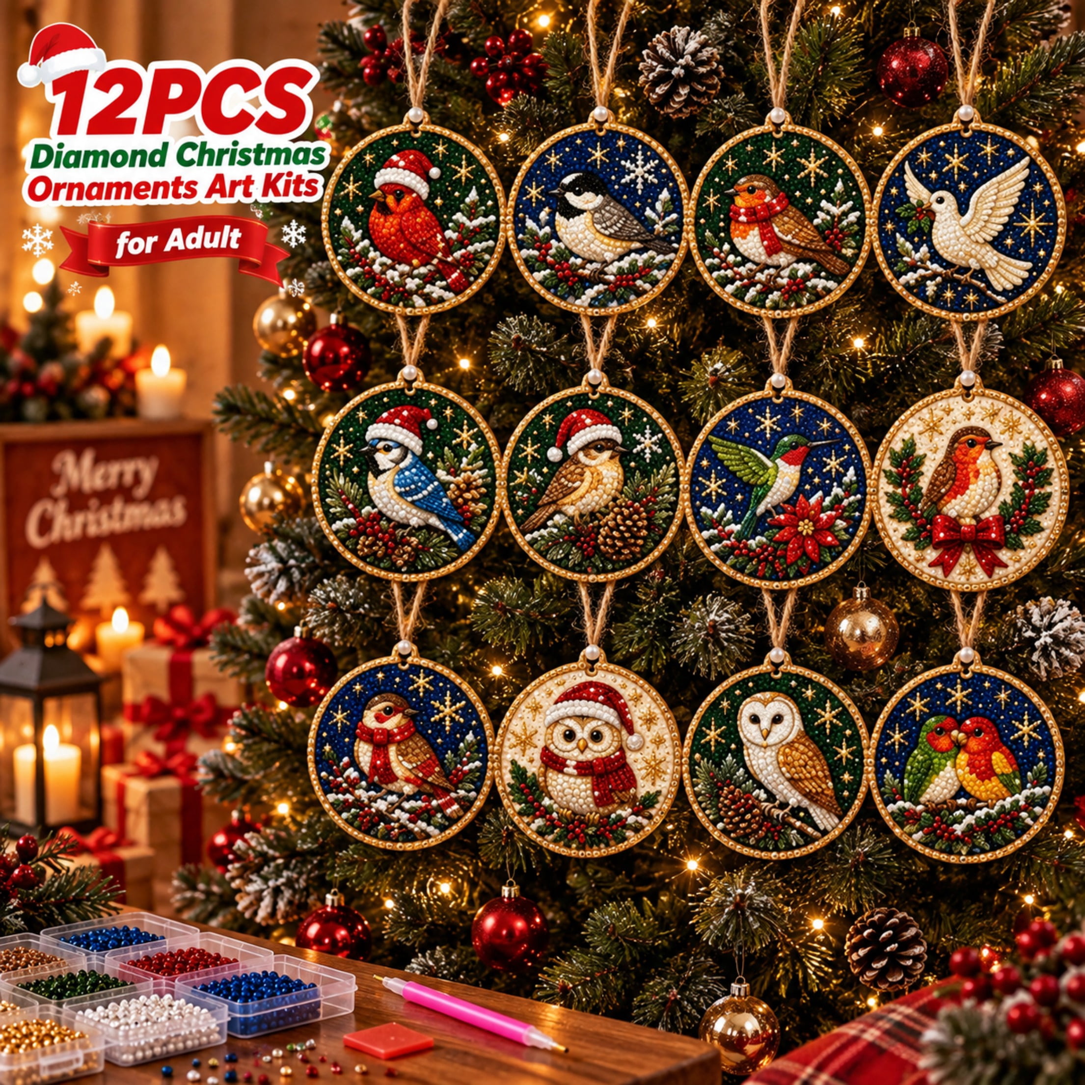 12PCS Diamond Christmas Ornaments Art Kits for Adult DIY Pearl Painting ...