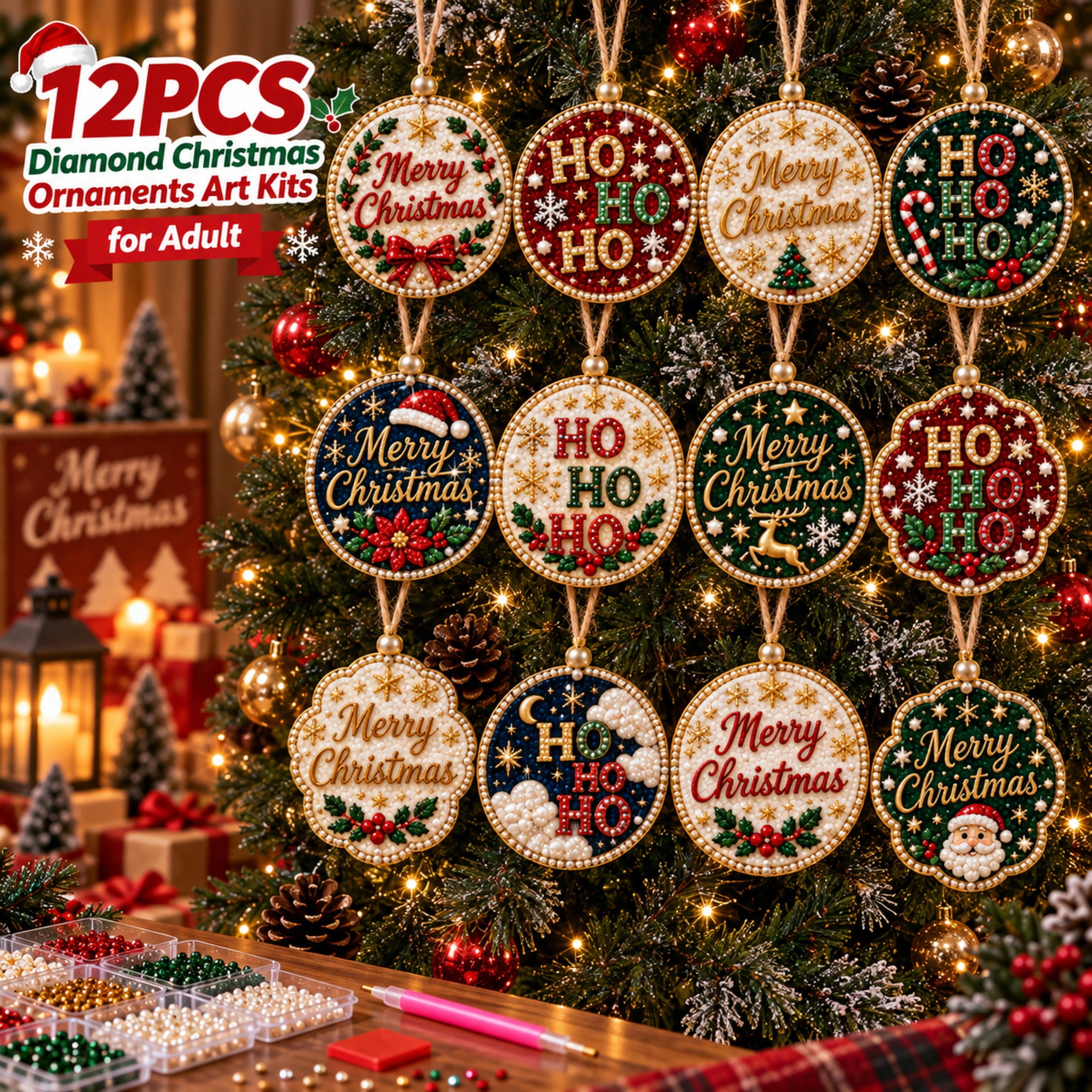12PCS Diamond Christmas Ornaments Art Kits for Adult DIY Pearl Painting ...