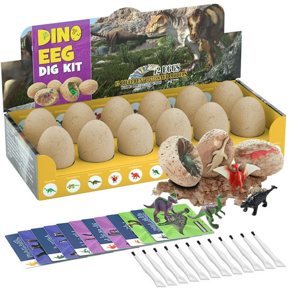 12PCS Dinosaur Digging Fossil Kit with 12 Dinosaur Eggs, brush Tools ...