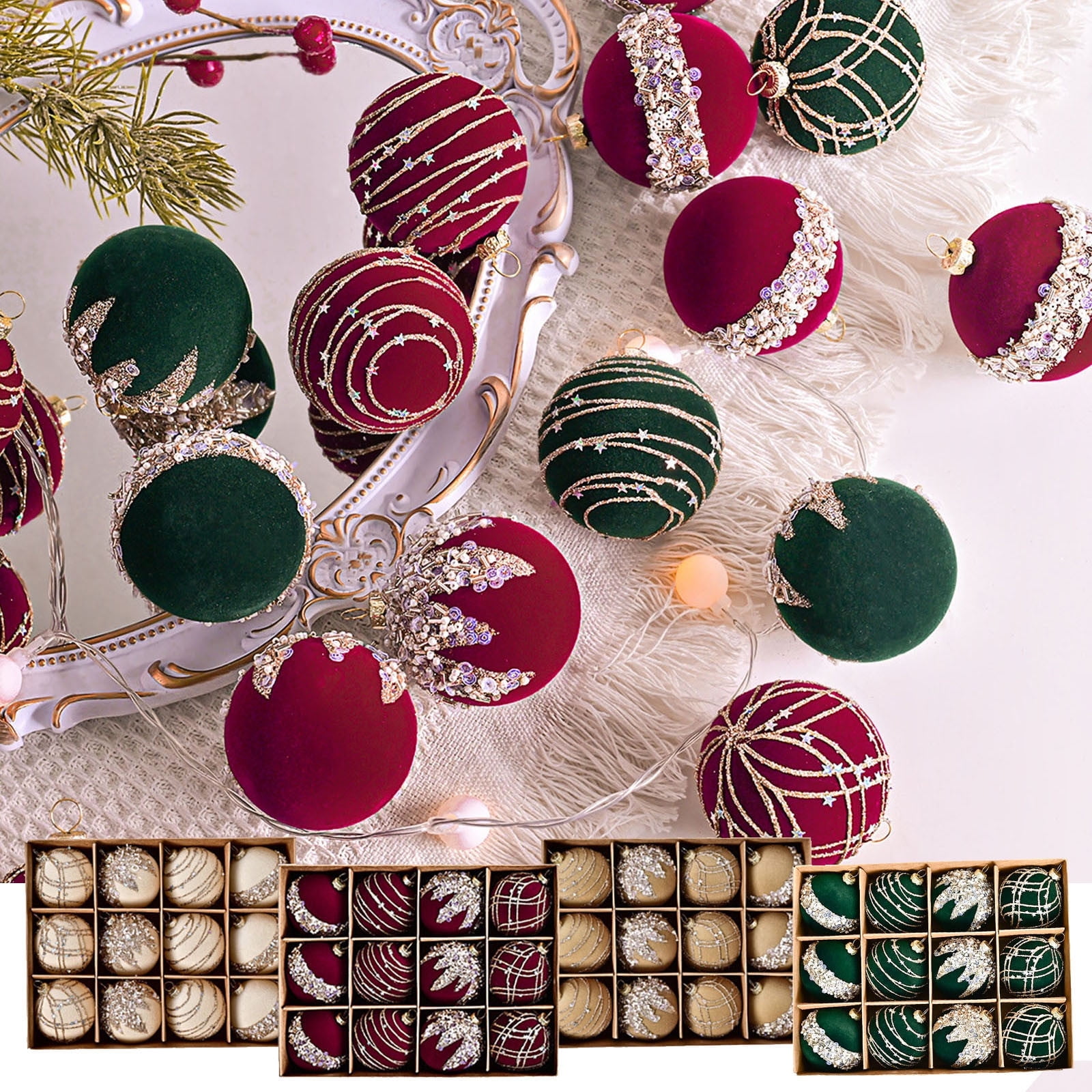 12PCS Flocking Painted Balls Christmas Tree Decoration Christmas ...