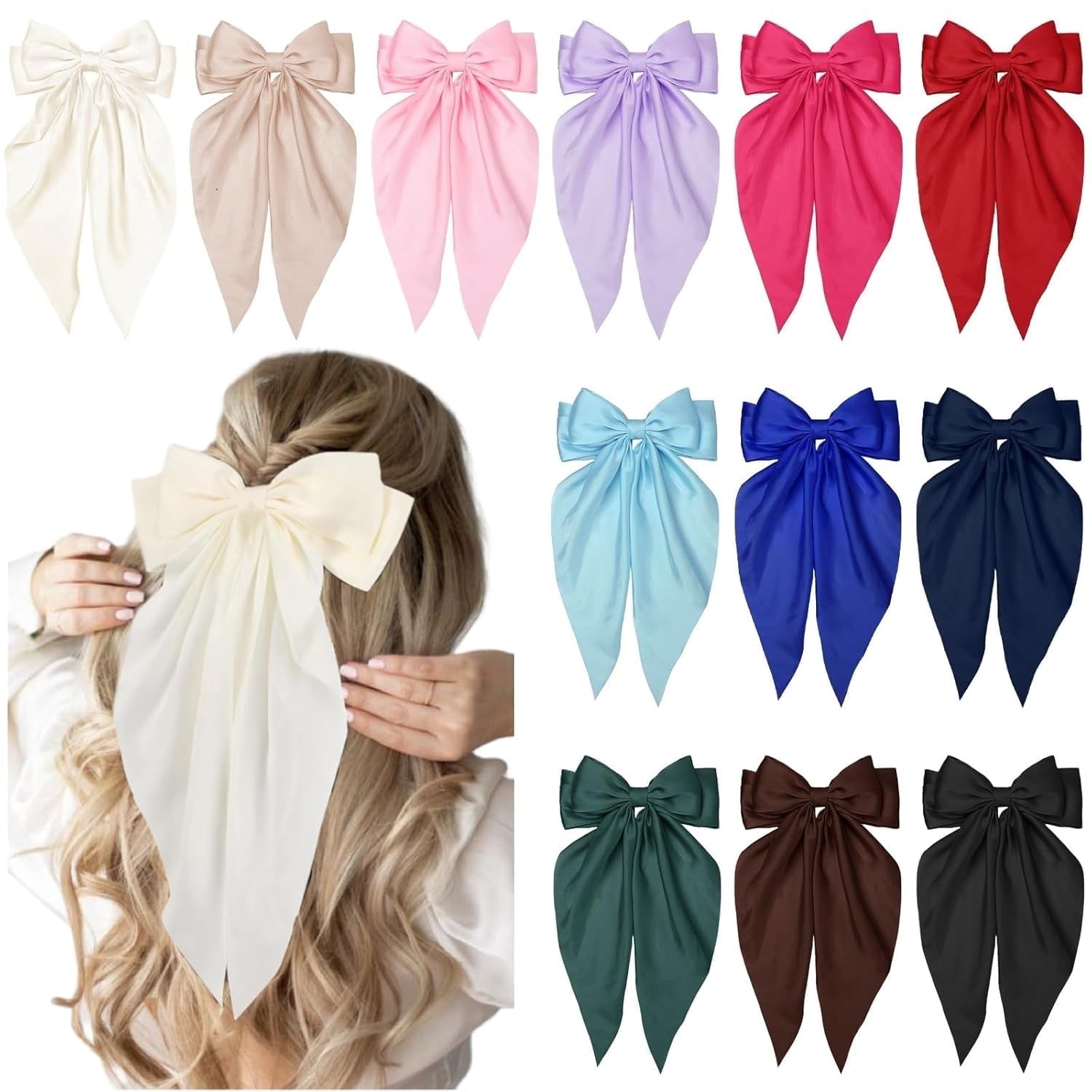 12PCS Hair Bows for Women Big Silky Satin Bow Clips with Long Tails ...