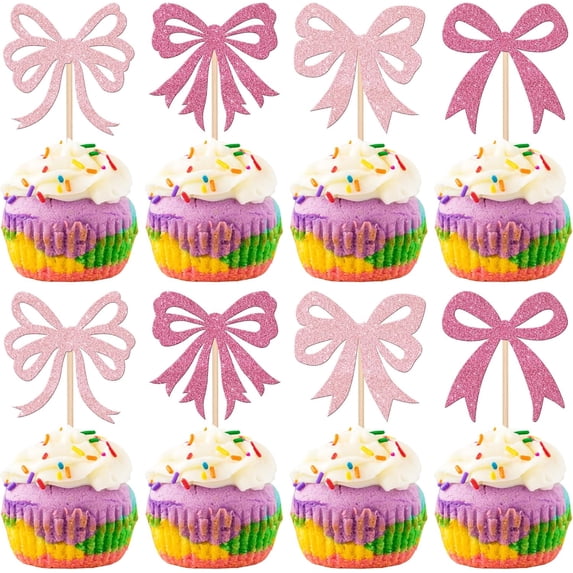 12PCS Light & Dark Pink Glitter Bow Cupcake Toppers, Birthday & Baby ...