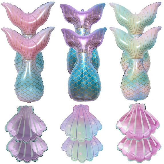 12PCS Mermaid Tail and Shell Balloons, Gradient Color Printing, Girls' Birthday Party ...