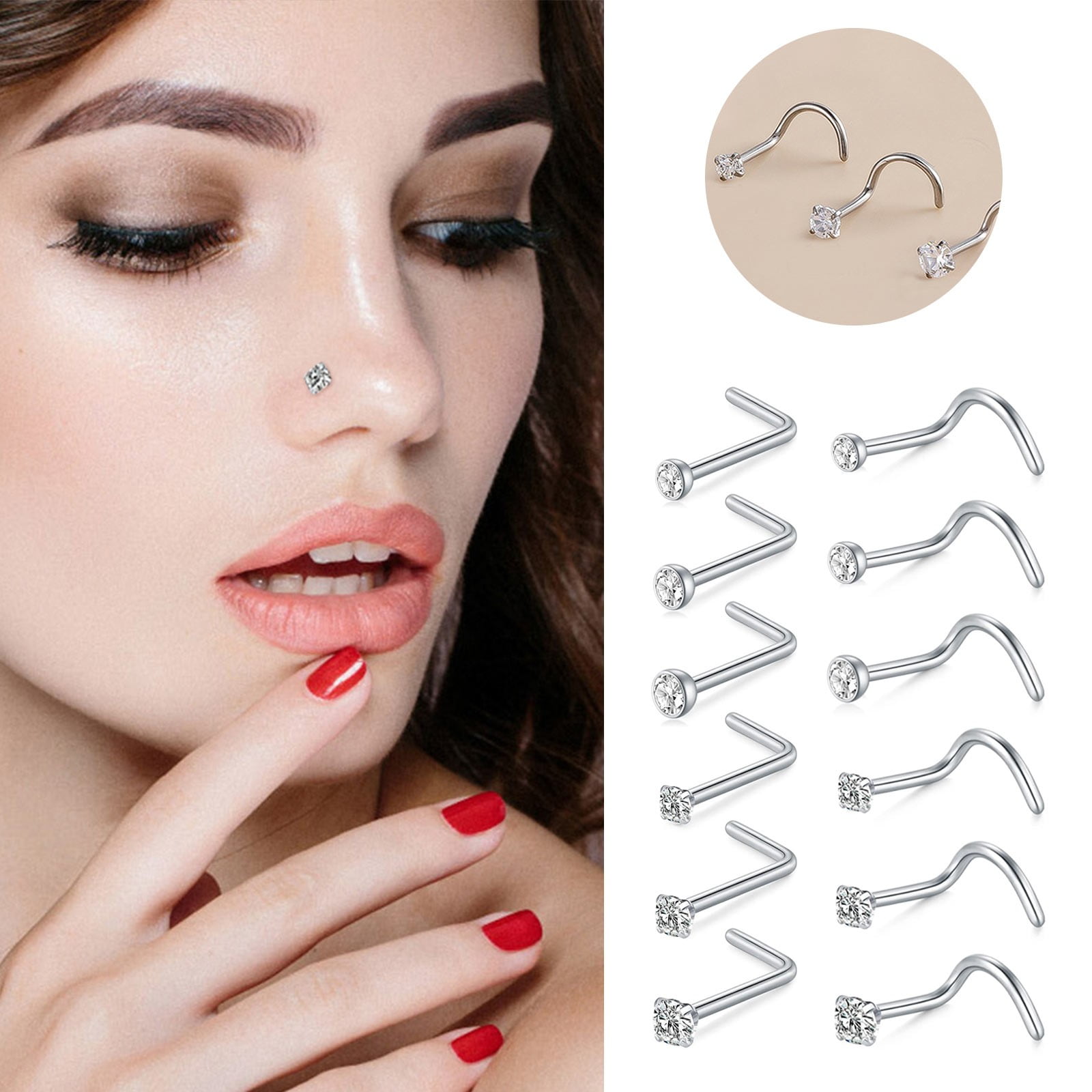 12PCS Nose Studs Stainless Steel L Shaped Screw Pin Bone Nose Piercing ...