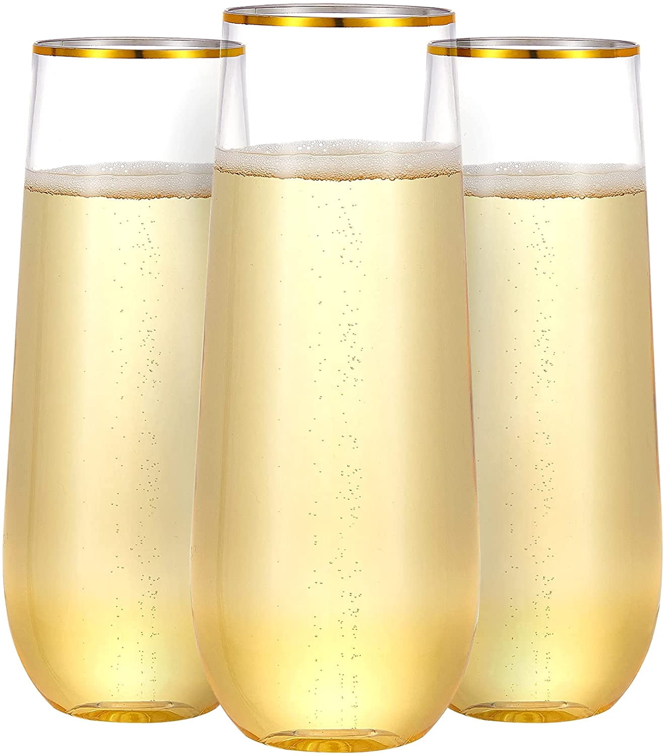 12PCS Plastic Champagne Flutes, 9 oz Stemless Disposable Gold Rim ...