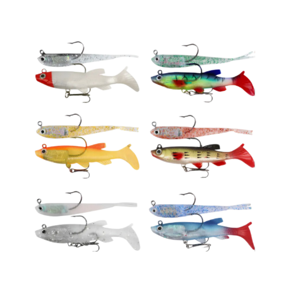 12PCS Pre-Rigged Soft Fishing Lure Set Paddle Tail & Curly Tail ...