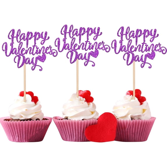 12PCS Purple Glitter "Happy Valentine's Day" Cupcake Toppers, Valentine ...