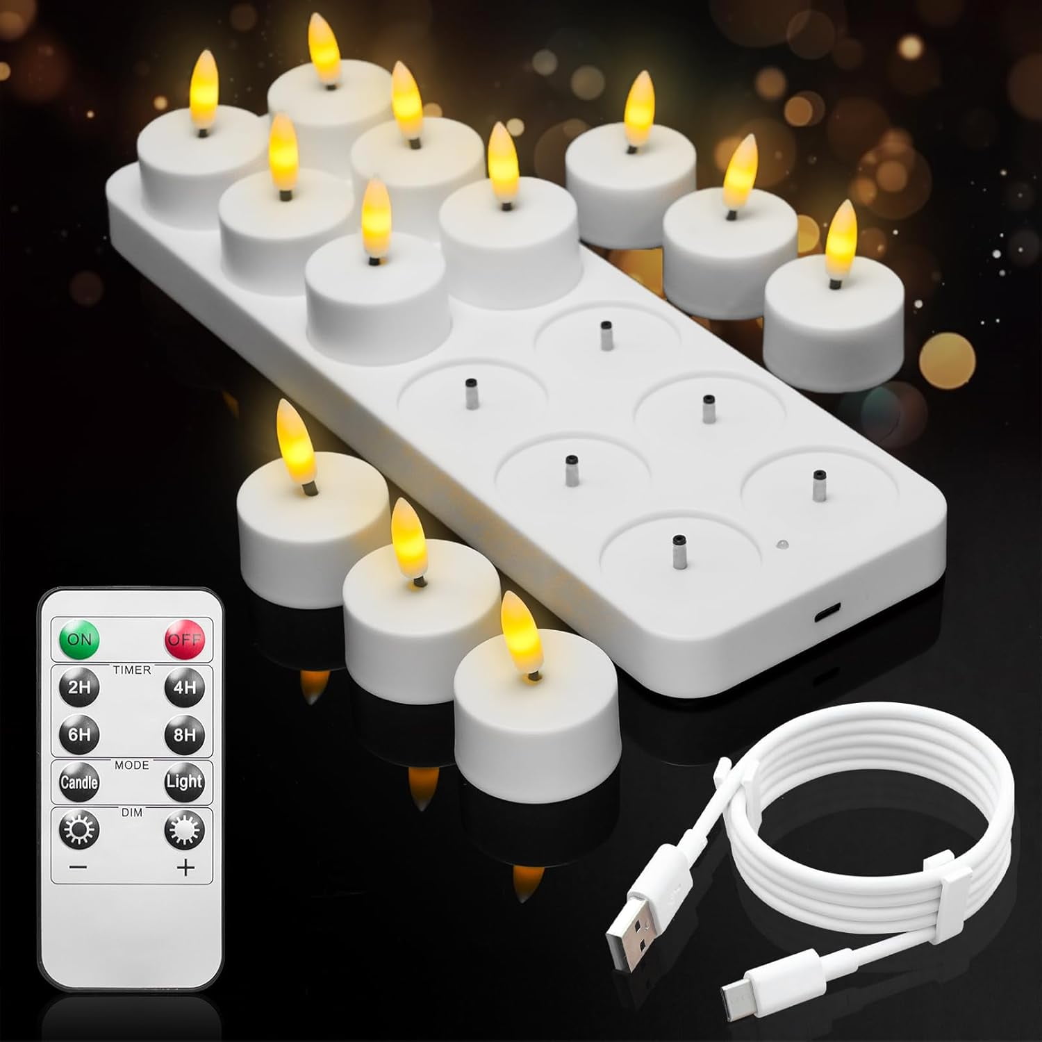 12PCS Rechargeable Tea Lights with Remote Timer & Dimmer, USB ...