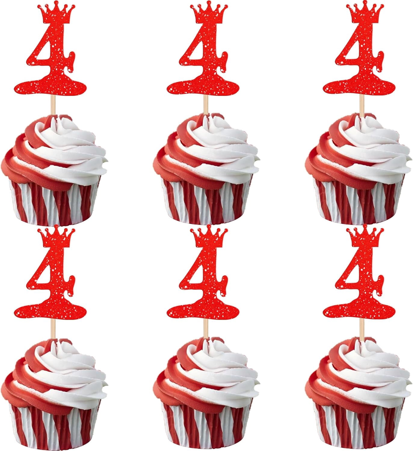 12PCS Red Glitter "4" Cupcake Toppers with Crown, 4th Birthday Party ...