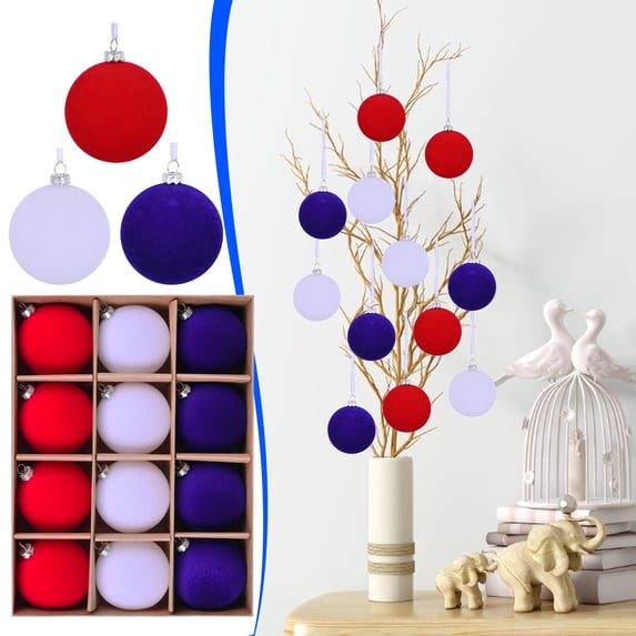12PCS Red White Blue Flocked Tree Hanging Ornament - Patriotic Flocked ...
